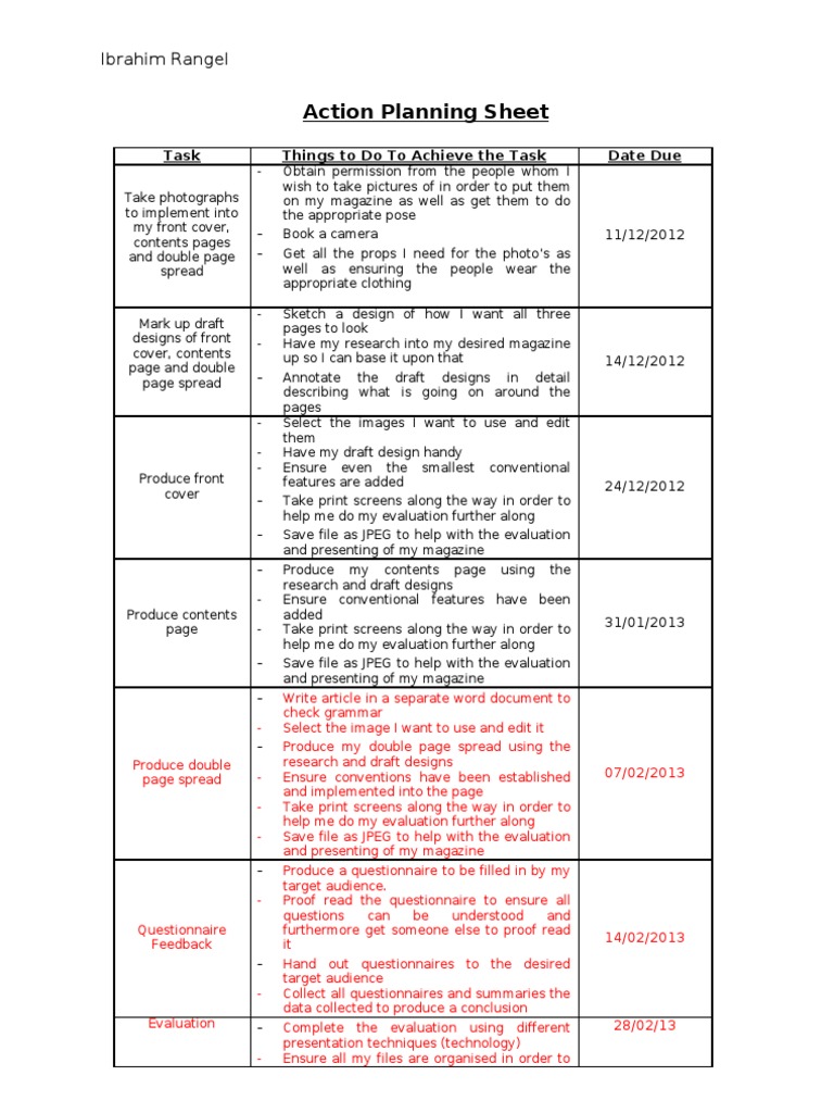 Action Planning Sheet: Ibrahim Rangel | PDF | Photograph | Evaluation