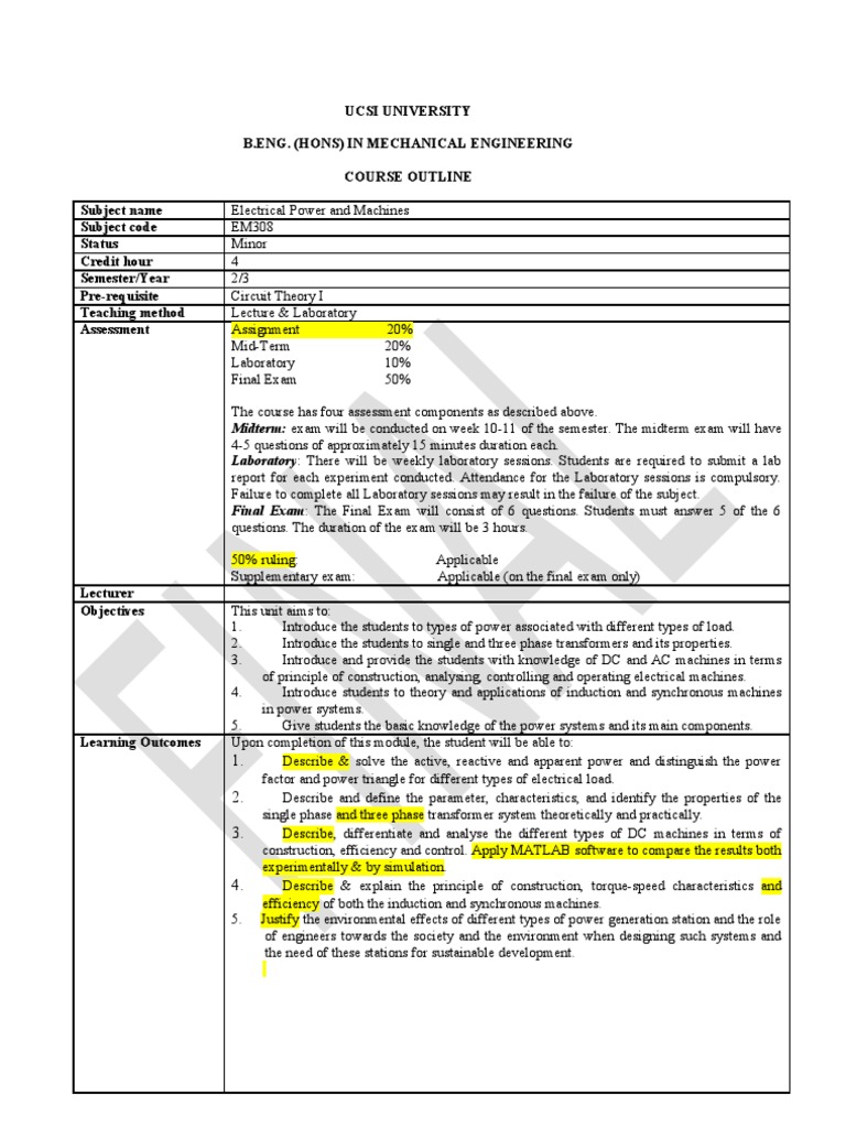 Electrical Power and Machines Course Outline | PDF | Engineering ...