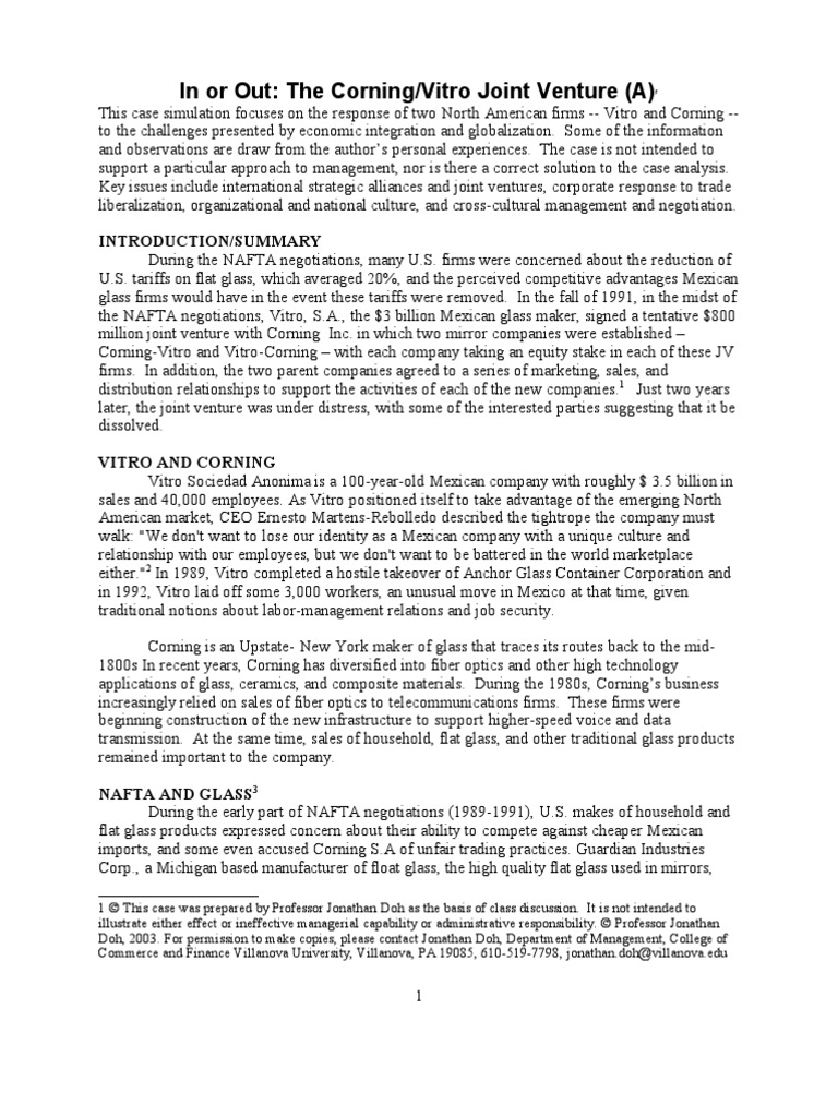CORNING Case Example | PDF | Negotiation | Joint Venture