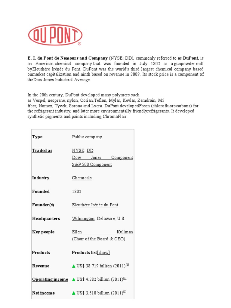 E. I. Du Pont de Nemours and Company (Nyse: DD), Commonly Referred To ...