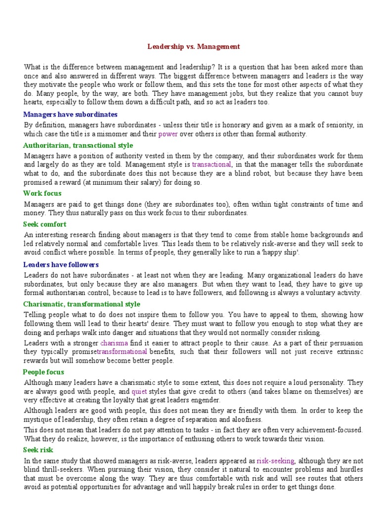 Leadership Vs Management | PDF | Persuasion | Leadership