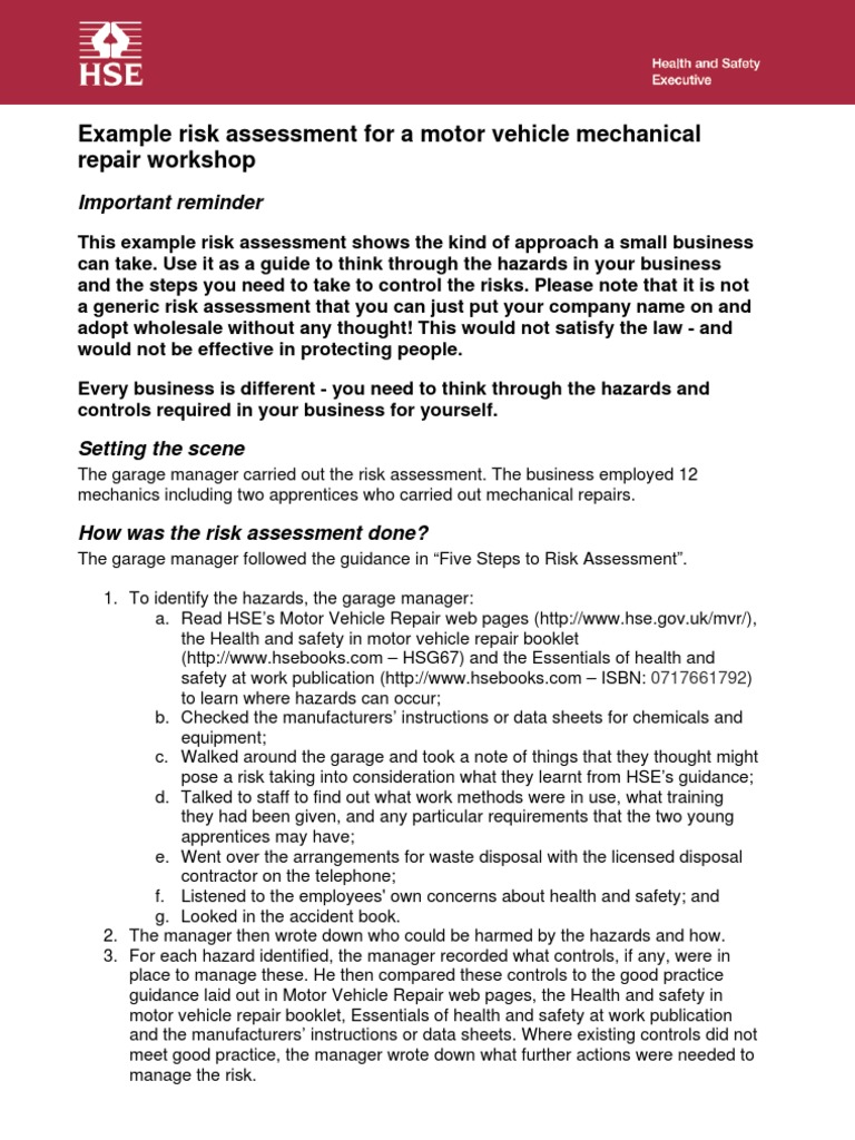 Motor Vehicle Repair Work. Example Risk Assess. | PDF | Risk Assessment ...