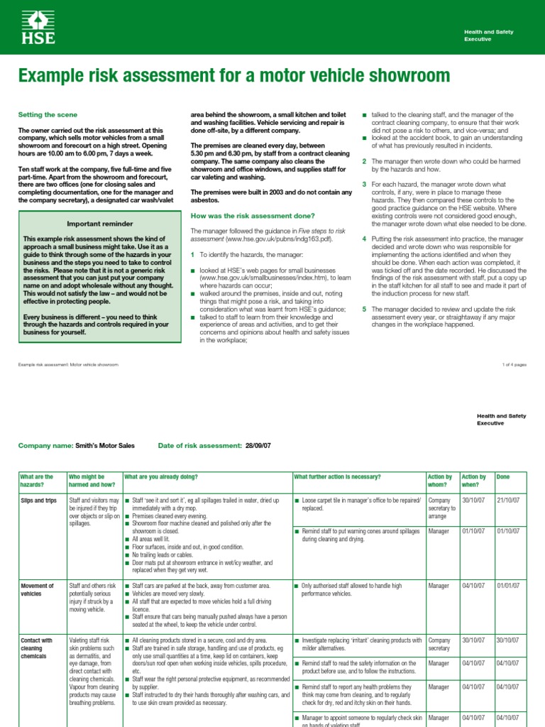 Example Risk Assessment For A Motor Vehicle Showroom | PDF | Risk ...