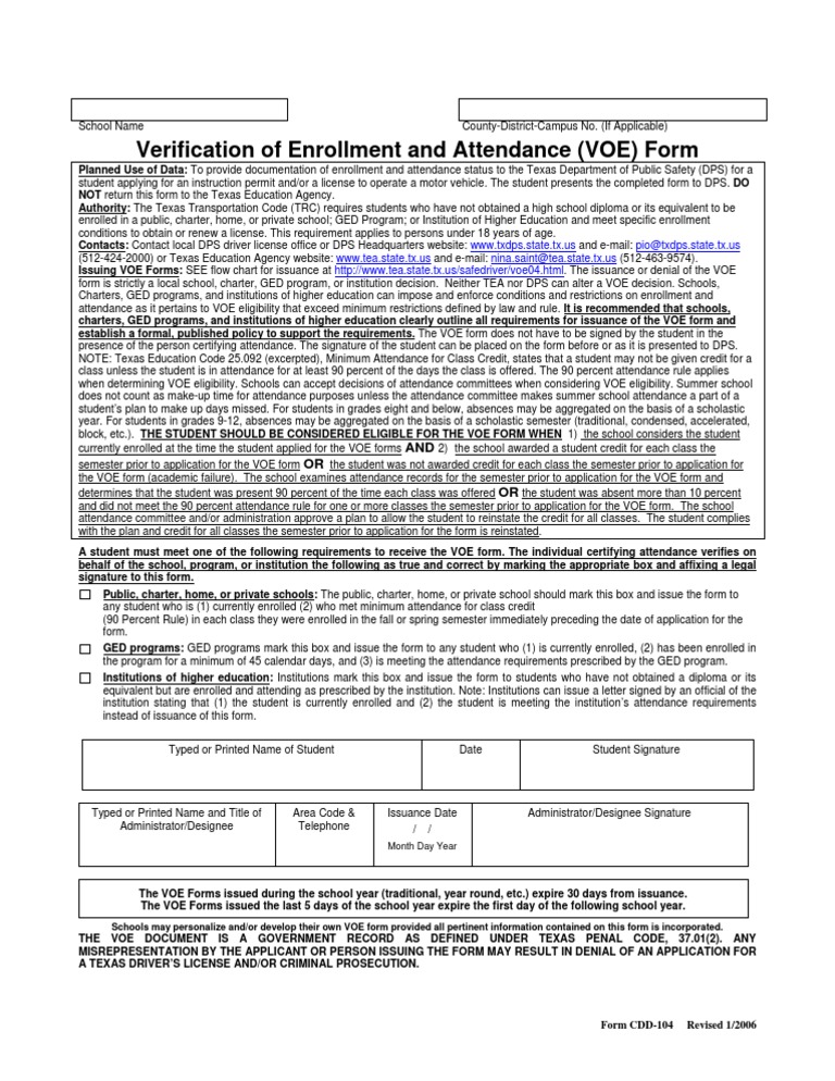 CDD-104: Verification of Enrollment and Attendance (VOE) Form | PDF ...