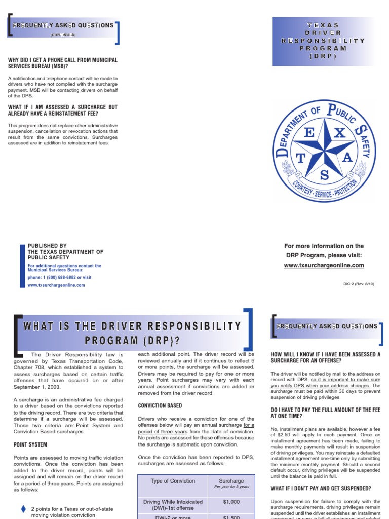 DIC-2: Driver Responsibility Program Pamphlet | PDF | Fee | Payments