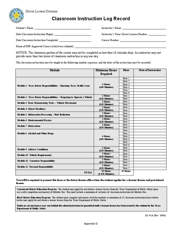 DL-91A: Classroom Instruction Log Record | PDF | Driving | Classroom