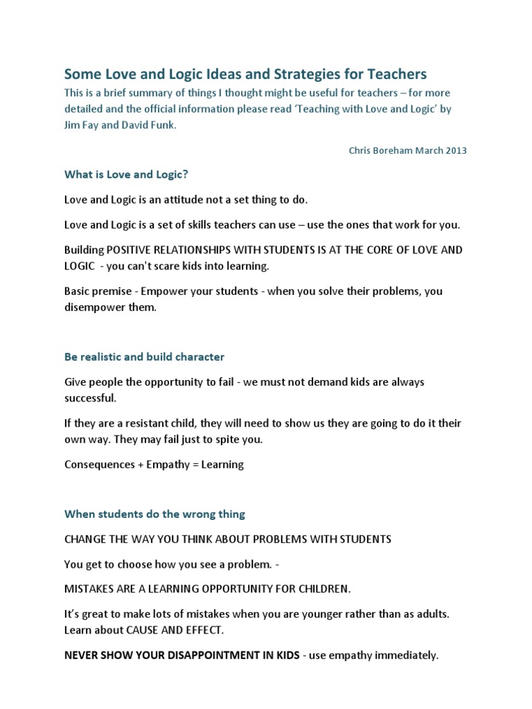 Love and Logic Strategies for Teachers | PDF | Empathy | Logic