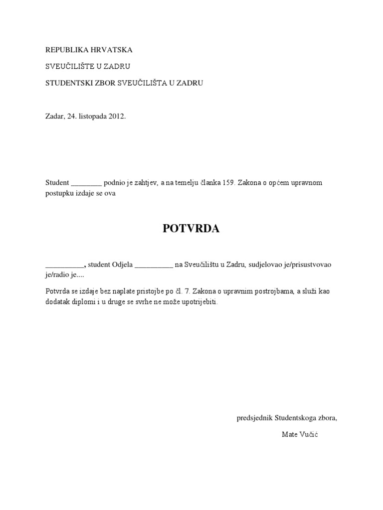 Potvrda Primjer | PDF