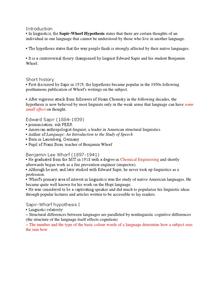 Sapir-Whorf Hypothesis and Linguistic Relativity Explained | PDF ...
