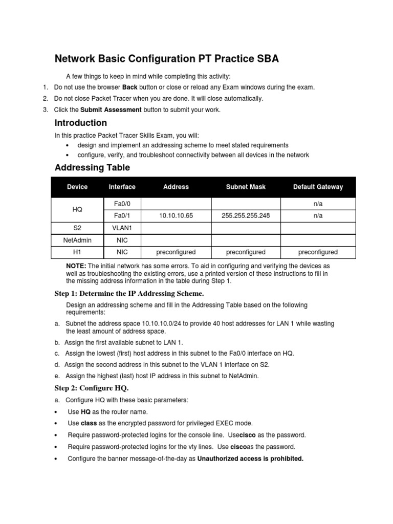 Network Basic Configuration PT Practice SBA | PDF | Computer Network ...