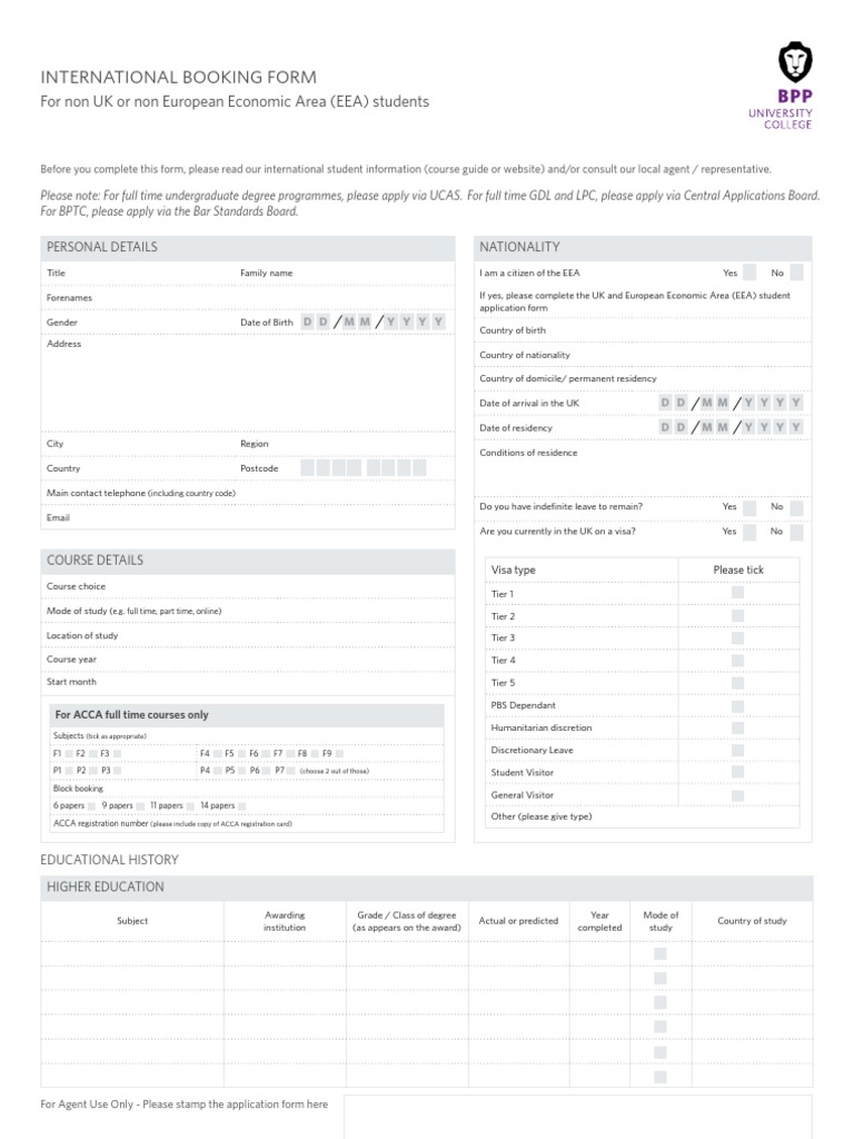 BPP College Addmission Form Editable | Travel Visa | Test (Assessment)