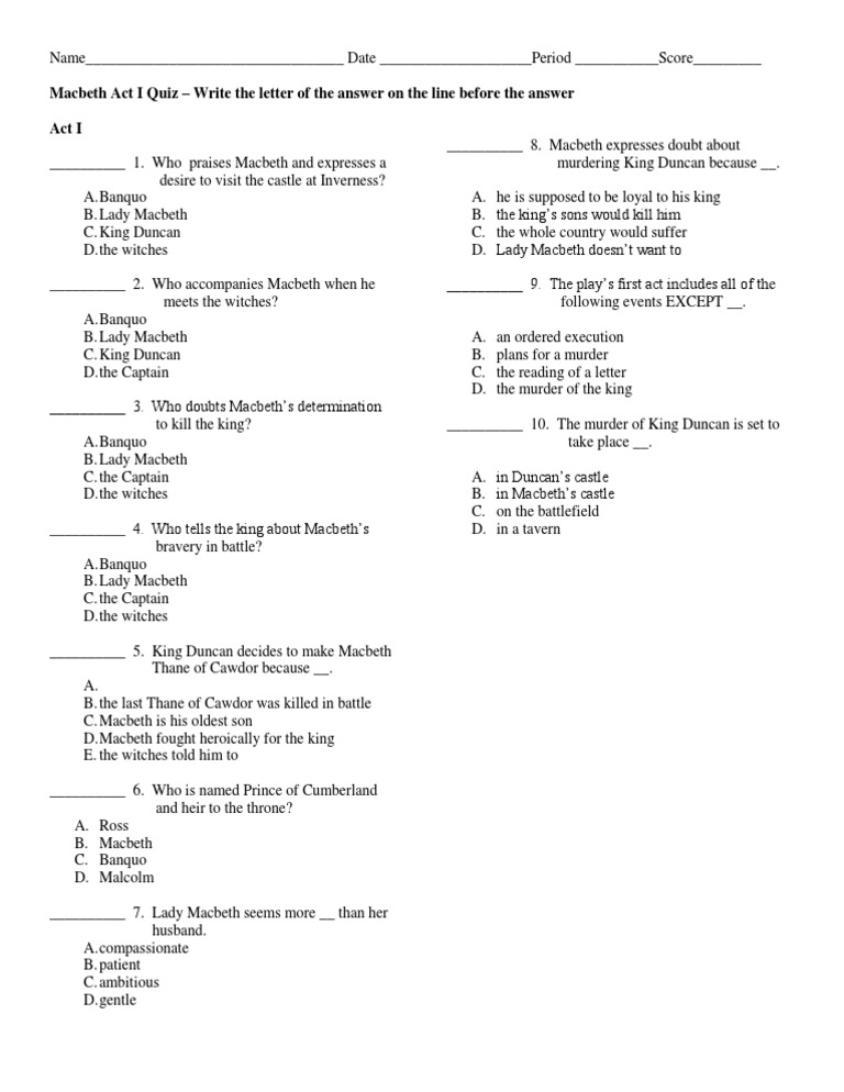 Macbeth Act I Reading Quiz | PDF