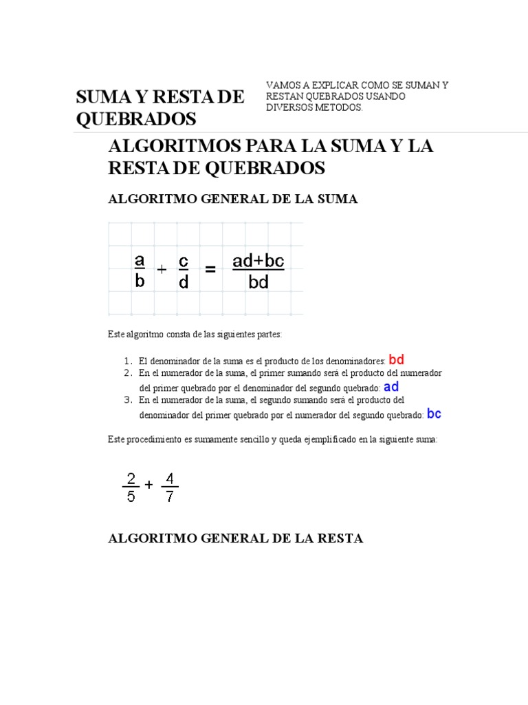 Suma y Resta de Quebrados | PDF | Sustracción | Fracción (Matemáticas)