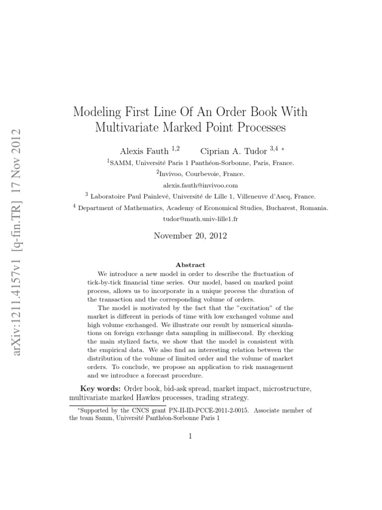 Modeling First Line of An Order Book With Multivariate Marked Point ...