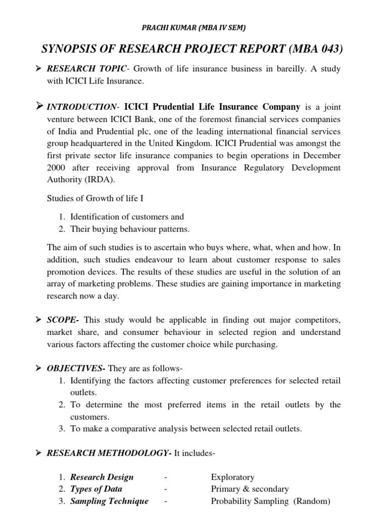 Synopsis of Research Project Report (Mba 043) : INTRODUCTION-ICICI Prudential Life Insurance ...