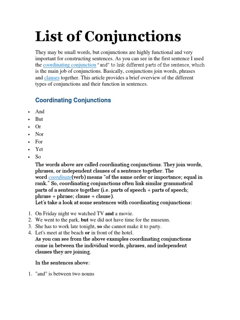 List of Conjunctions | PDF | Phrase | Sentence (Linguistics)