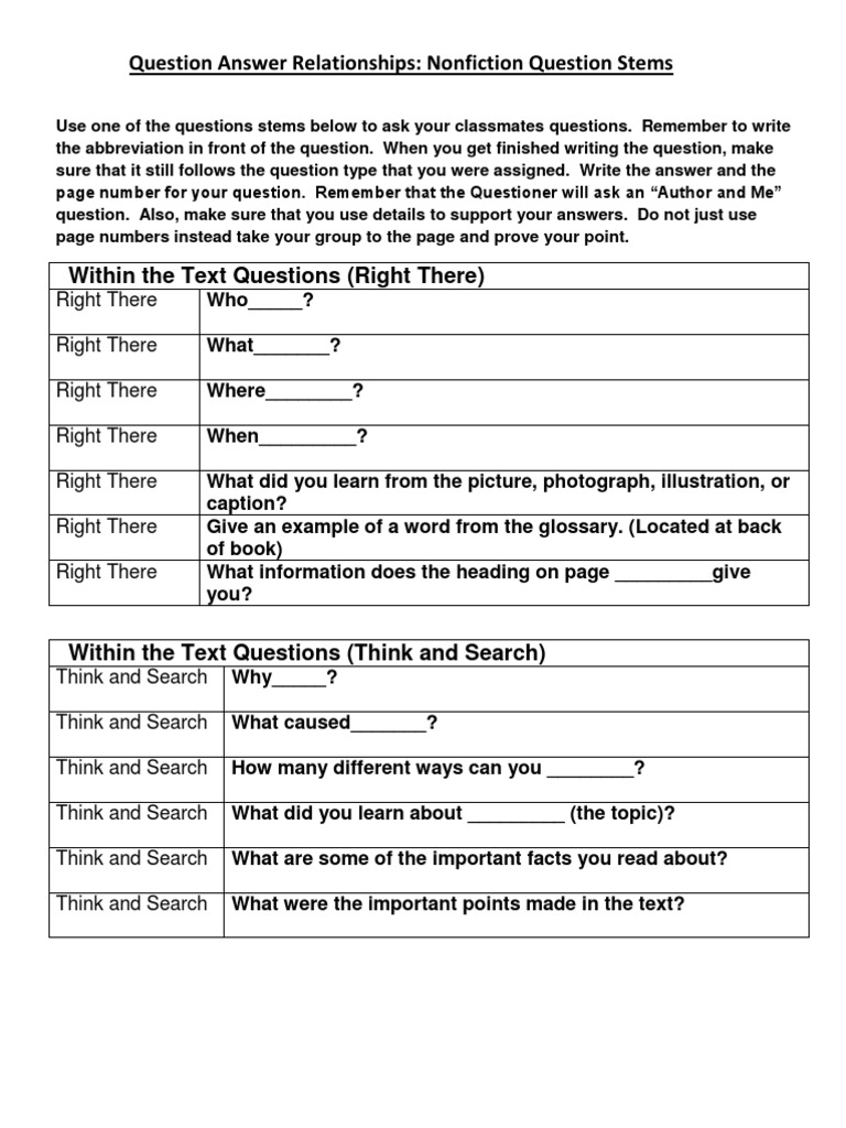 Nonfiction Question Stems Guide | PDF | Non Fiction