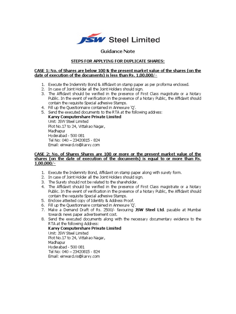 Indemnity And Affidavit Duplicate Share Certificates Pdf Notary