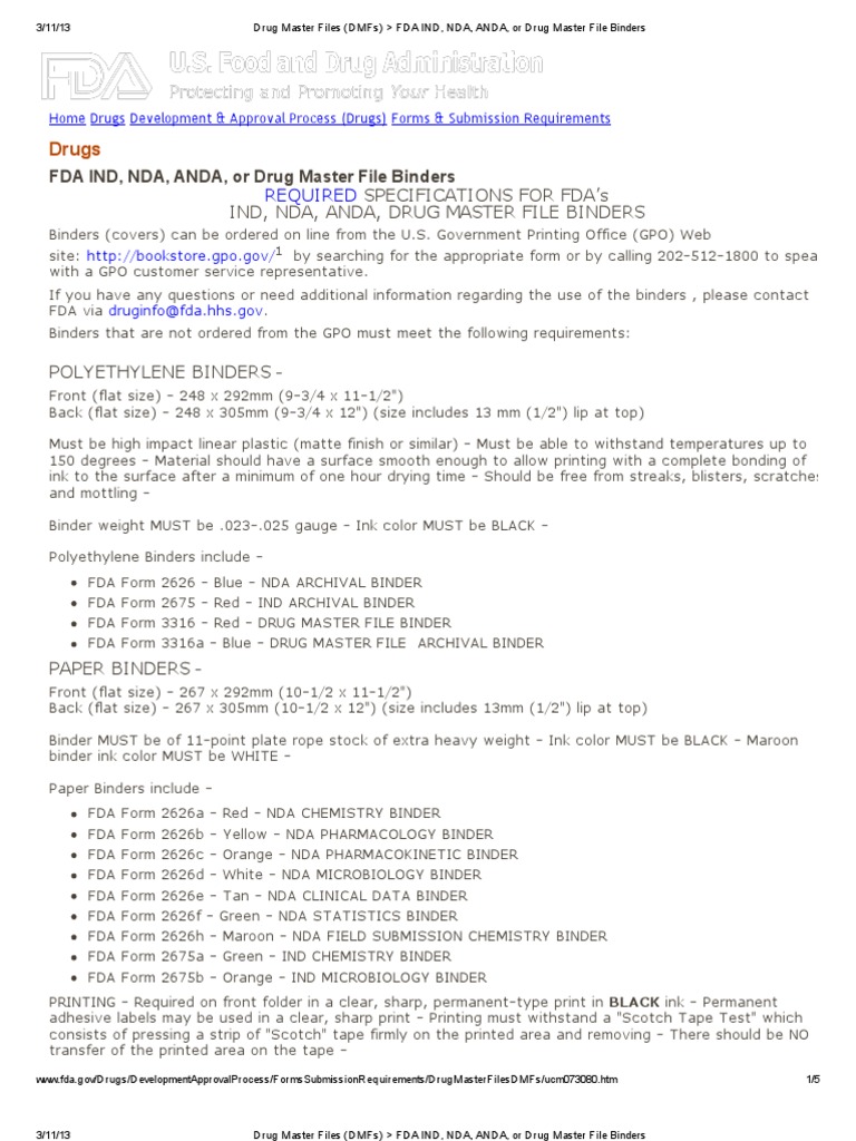 Required Specifications for FDA's IND, NDA, ANDA, Drug Master File ...