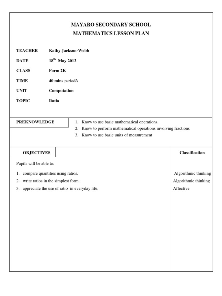 Mathematics Lesson Plan Ratio For 2k 2012 | Download Free PDF | Ratio ...