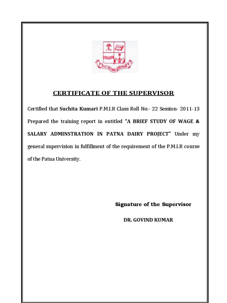 Certificate of The Supervisor: Salary Adminstration in Patna Dairy ...