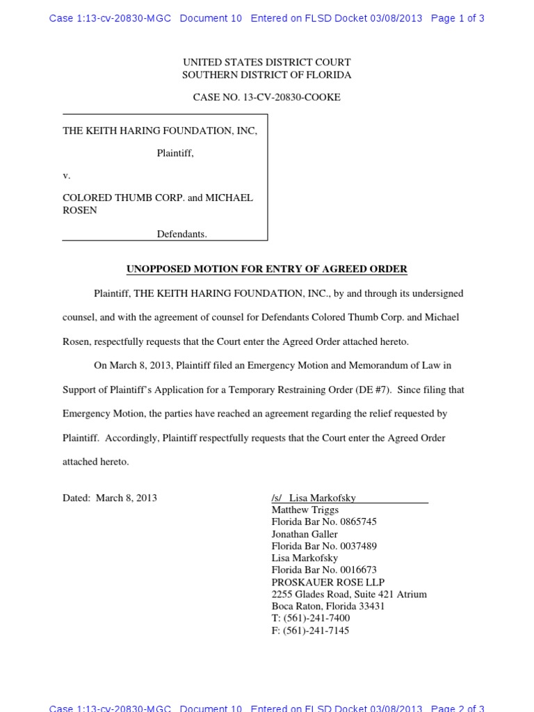 Keith Haring - Motion For Entry of Agreed Order | PDF | Courts | United ...