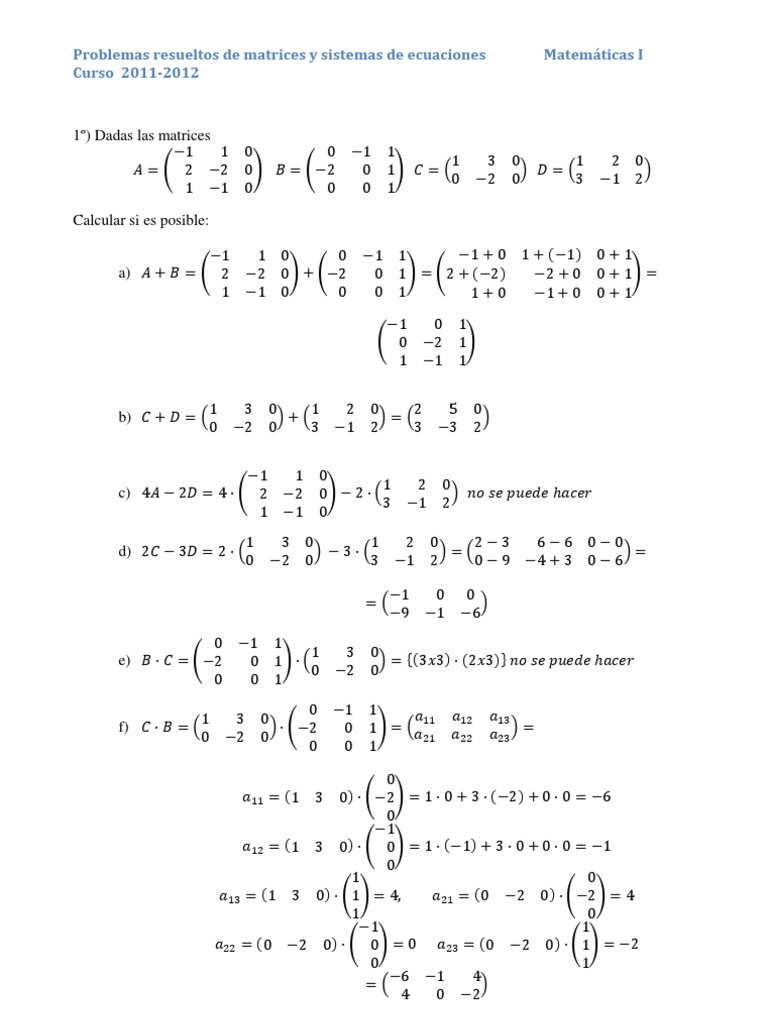 Ejercicios Resueltos de Matrices | Relaciones matematicas | Funciones y ...