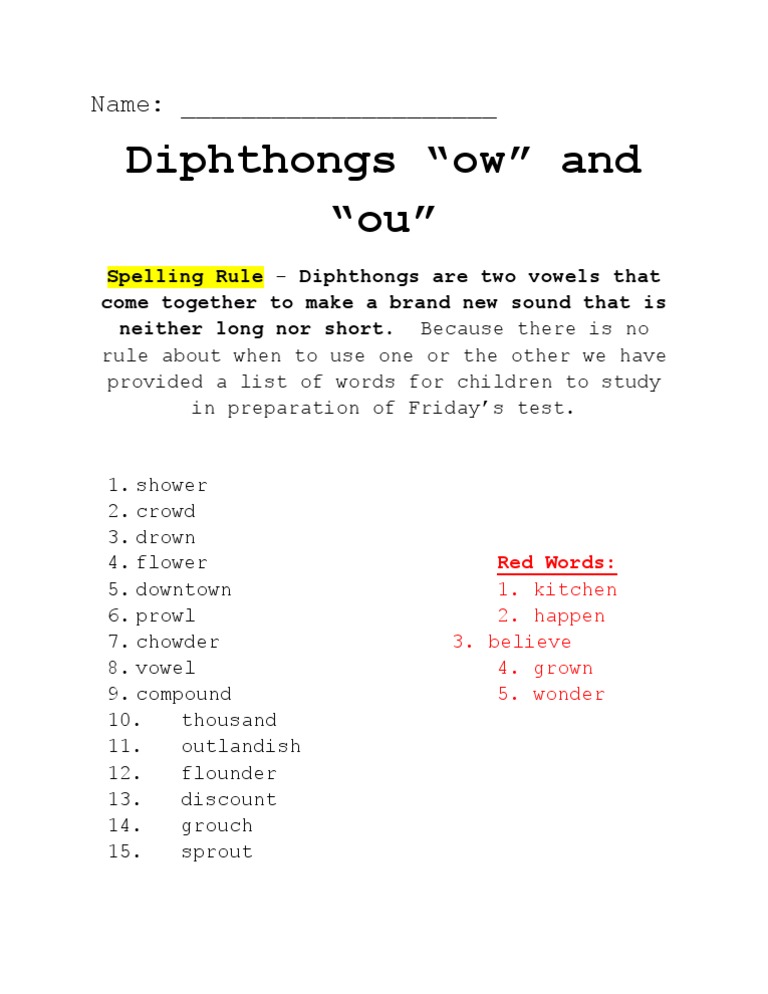 Diphthong "ou" and "ow" Word List | PDF
