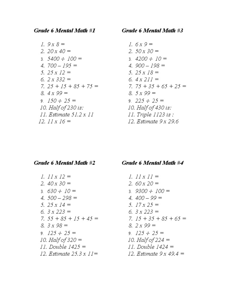 Grade 6 Mental Math | Arithmetic | Numbers