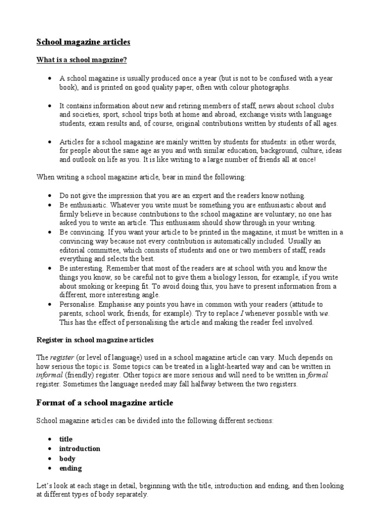 School Magazine Articles | PDF | Question | Couch