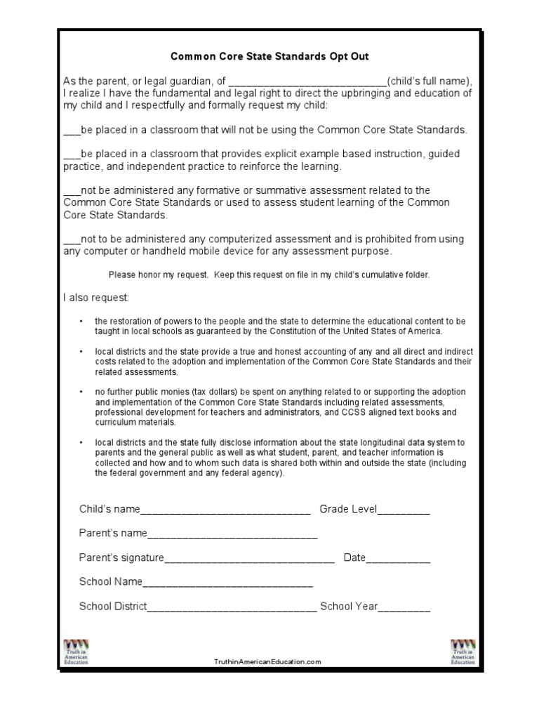 CCSS Parent Opt-Out Form | Common Core State Standards Initiative ...