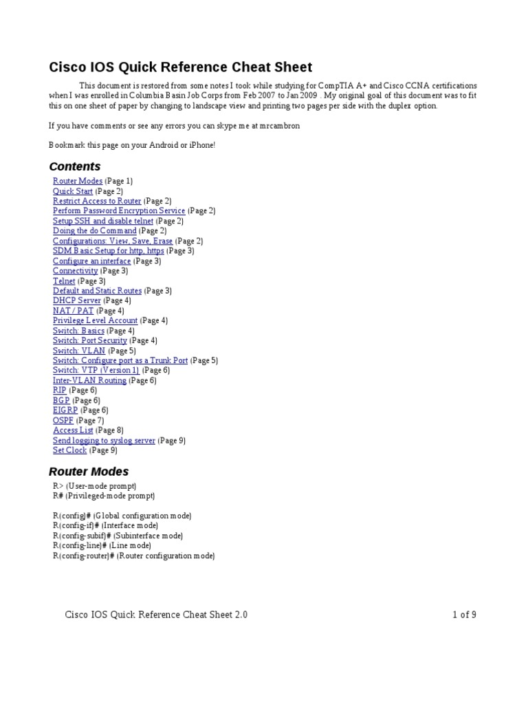 Cisco Ios Quick Reference Cheat Sheet 20 Pdf 