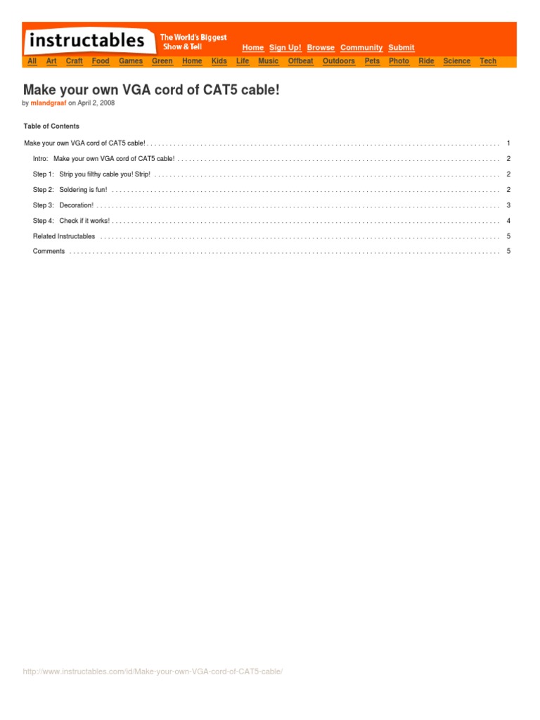 Make Your Own VGA Cord of CAT5 Cable | PDF | Electrical Connector ...