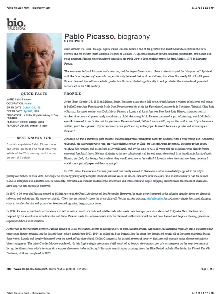 Pablo Picasso: Life and Legacy | PDF | Pablo Picasso | Cubism