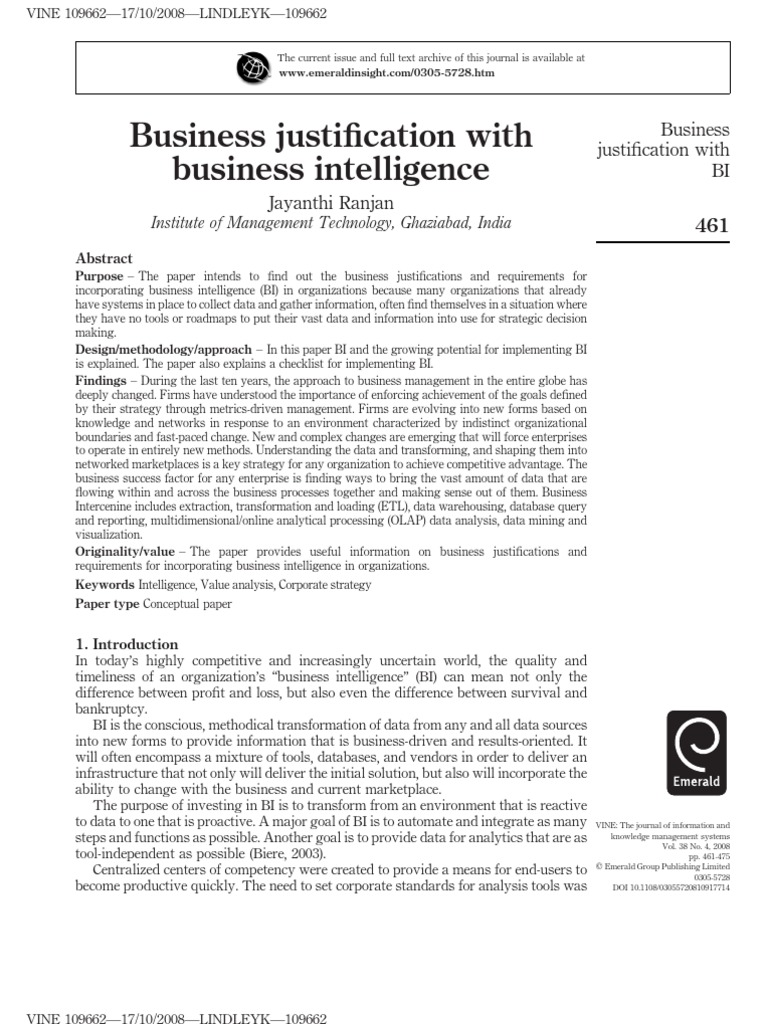 Business Justification | PDF | Business Intelligence | Data Warehouse