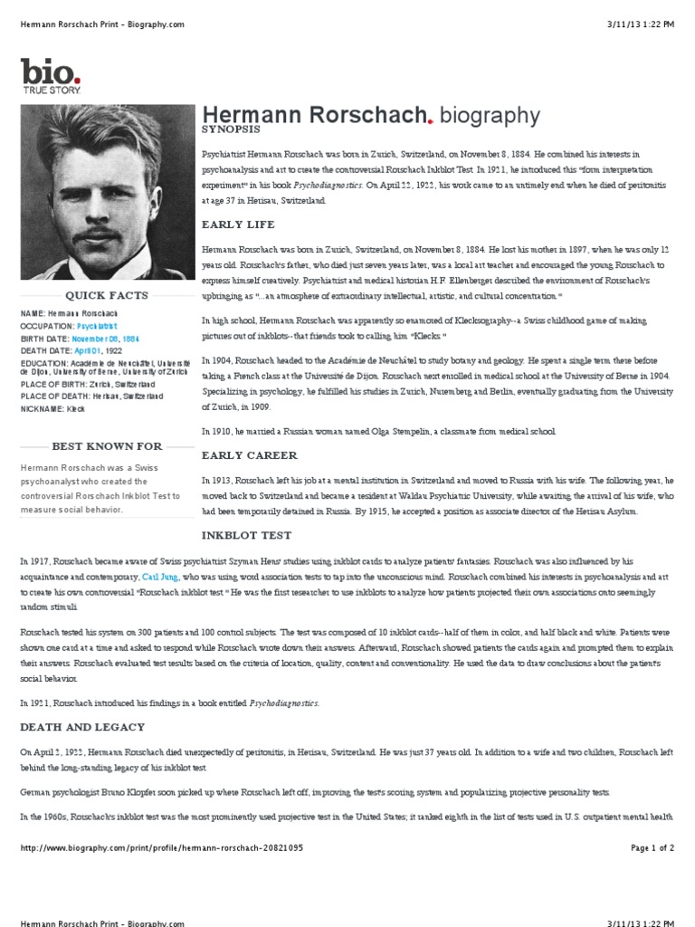 Hermann Rorschach - Biography | PDF | Psychiatry Related Fields ...