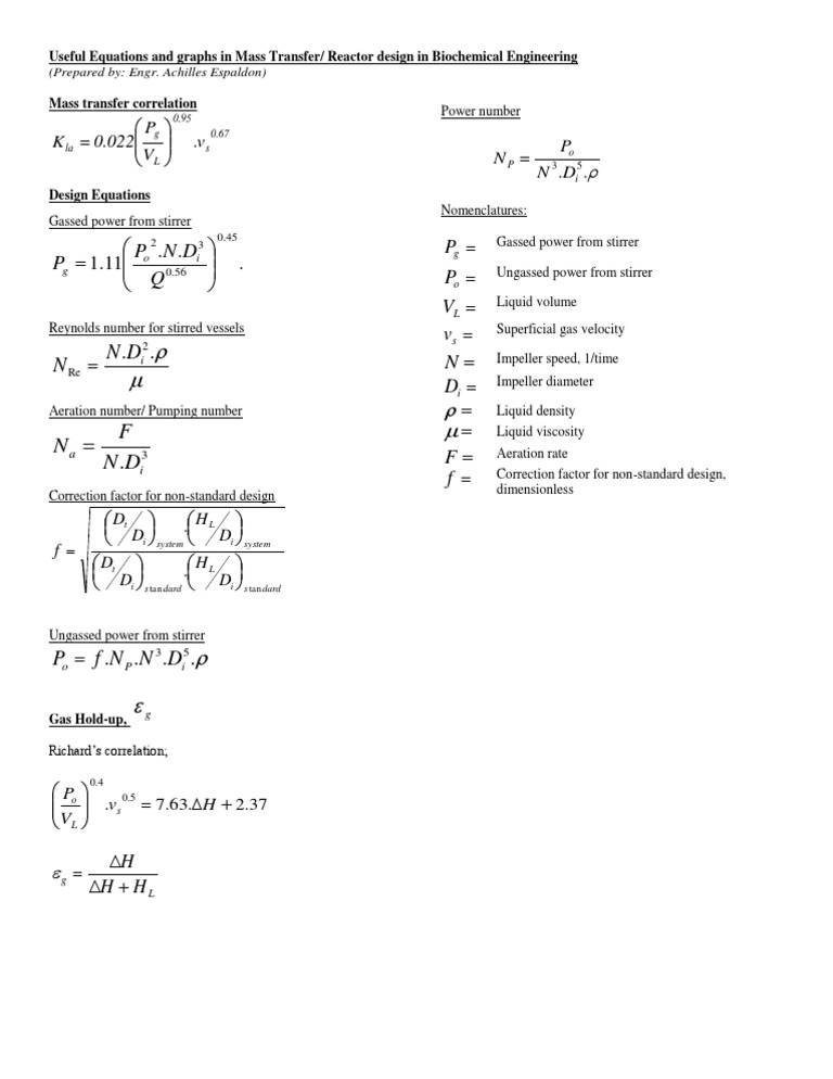 Biochemical Engineering Formulas | PDF | Reynolds Number | Fluid Mechanics