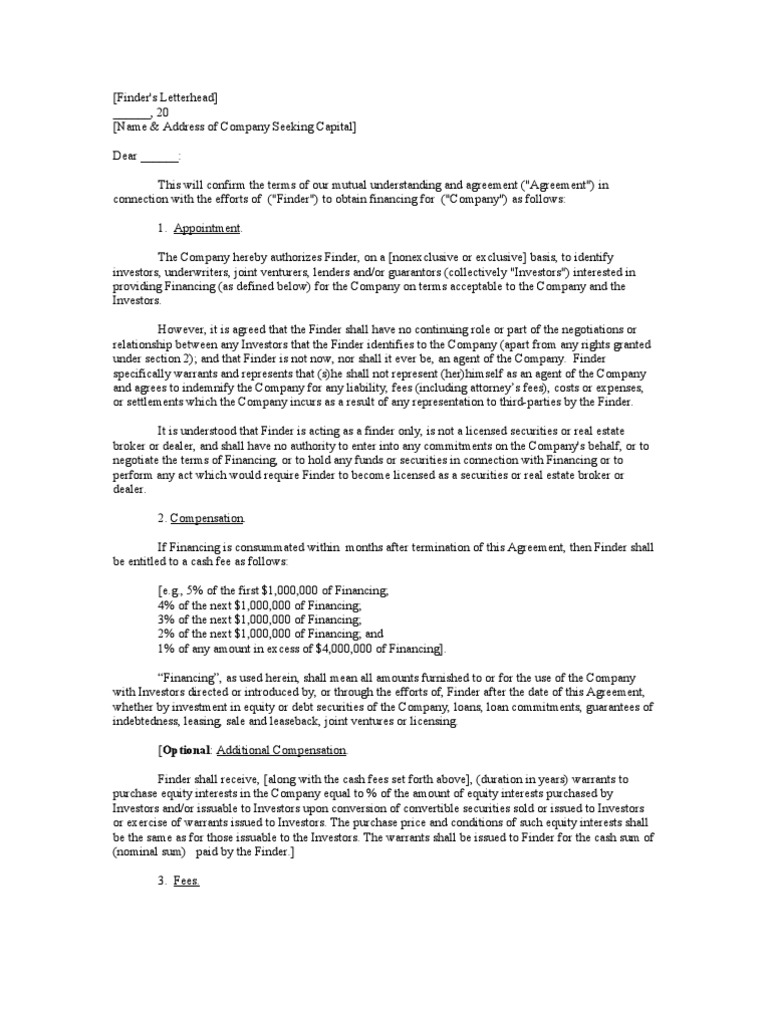 Finders+Fee+Agreement+Letter | Warrant (Finance) | Securities (Finance)