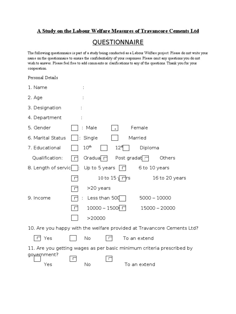 Labour Welfare Questionnaire | Welfare | Questionnaire