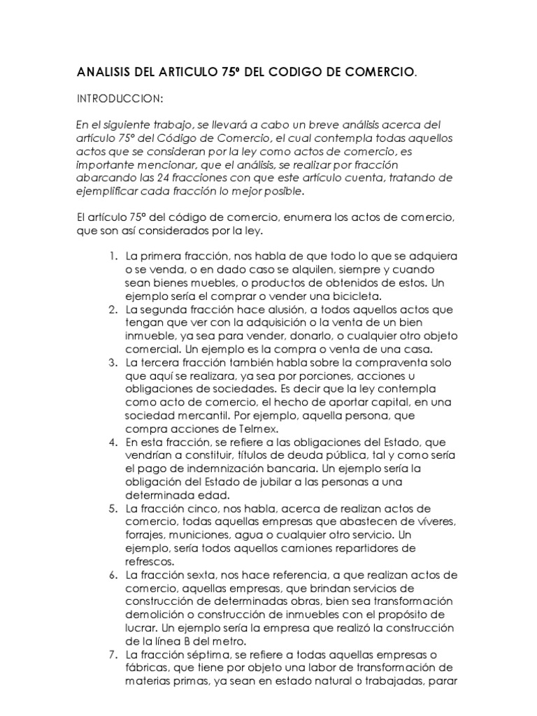 ANALISIS DEL ARTICULO 75º DEL CODIGO DE COMERCIO.docx | Comercio | Bancos
