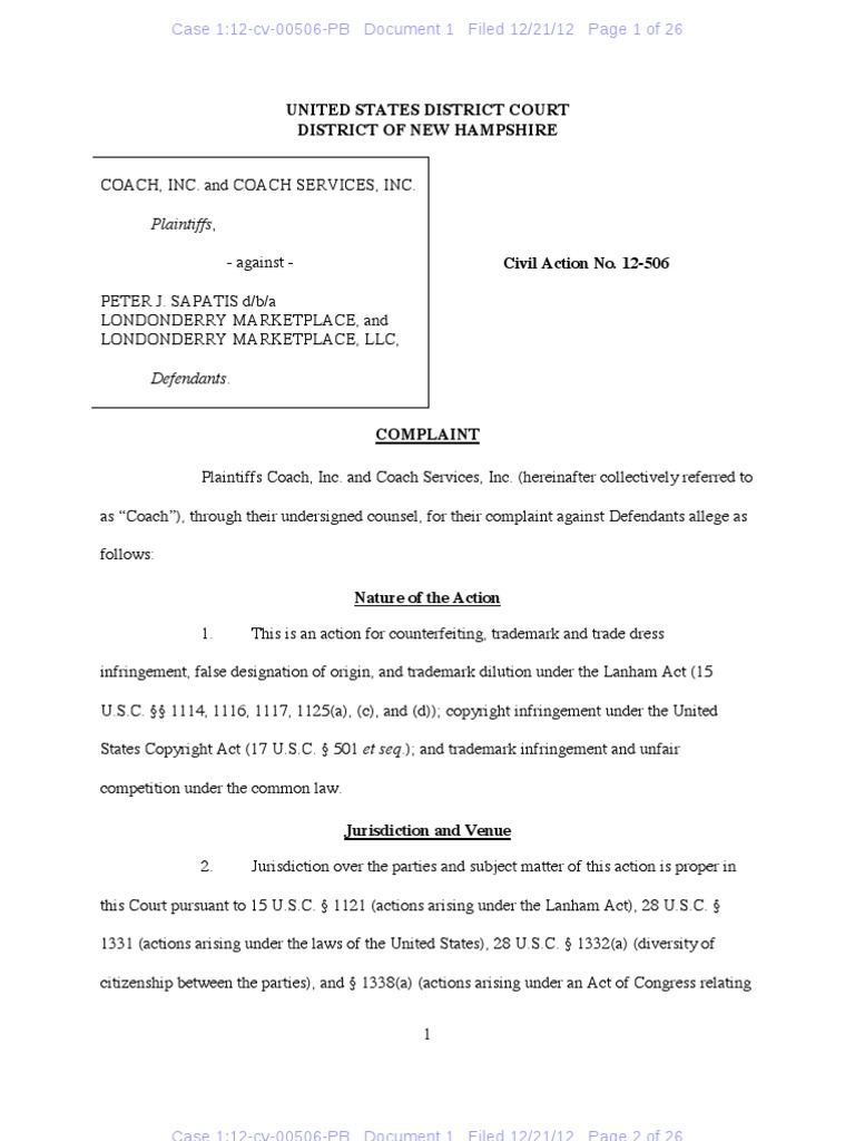 Coach Complaint | PDF | Lanham Act | Trademark
