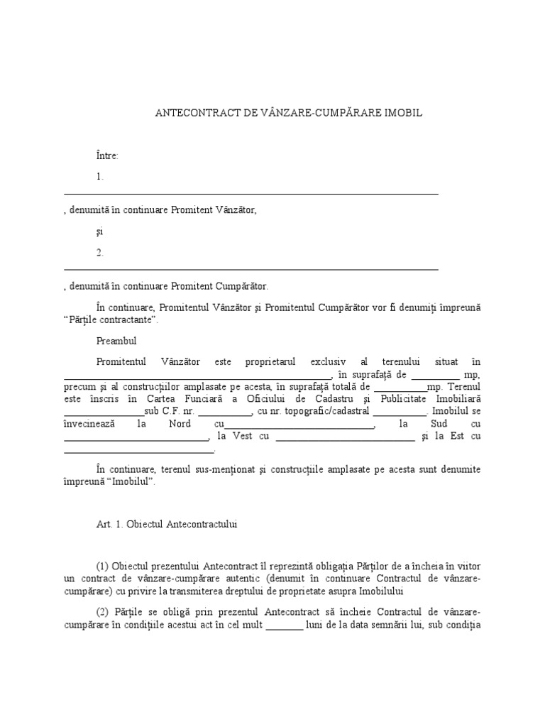 Precontract Model Antecontract Vanzare Cumparare