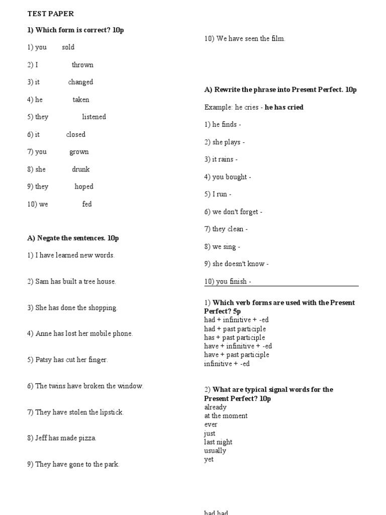 Present Perfect Test Paper | PDF | Perfect (Grammar) | Verb