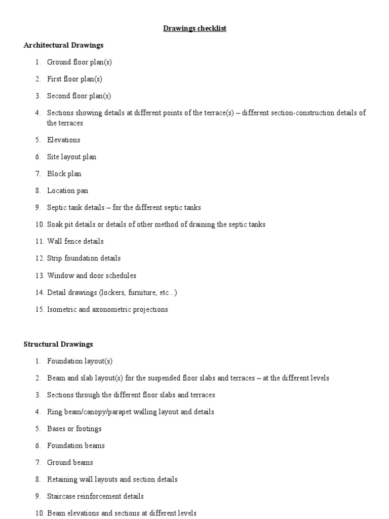Drawings Checklist Architectural Drawings | PDF