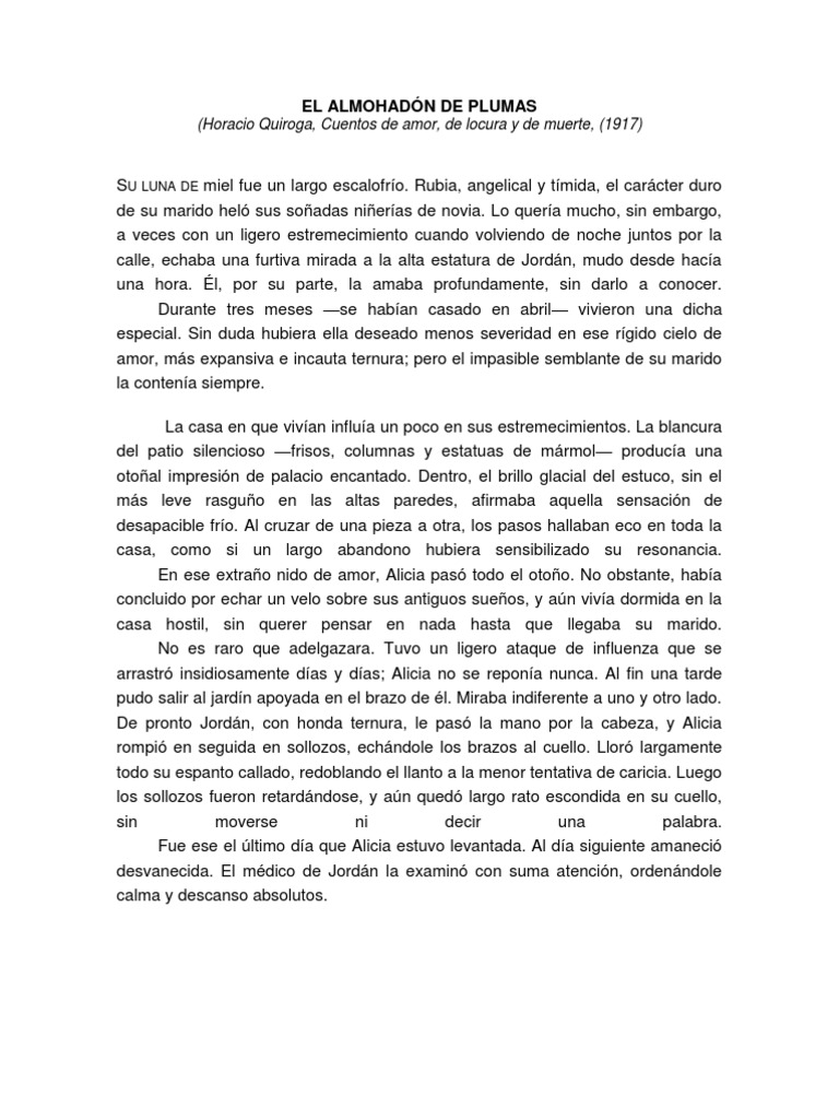 Horacio Quiroga El Almohadón de Plumas | PDF