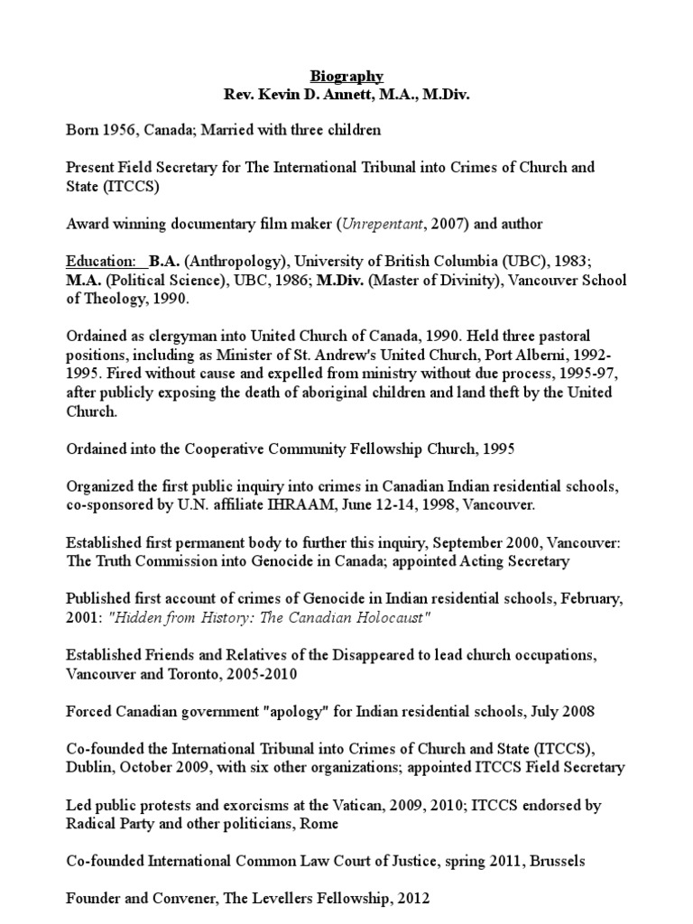 Biography of Kevin Annett | PDF | Canada | Religion And Belief