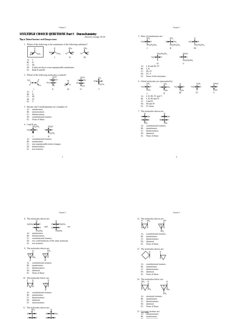 MULTIPLE CHOICE QUESTIONS Part 5: Stereochemistry: Topic: Identifications and Comparisons | PDF ...