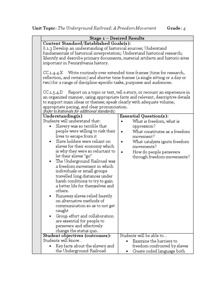 Understanding by Design Template | PDF | Underground Railroad | Slavery