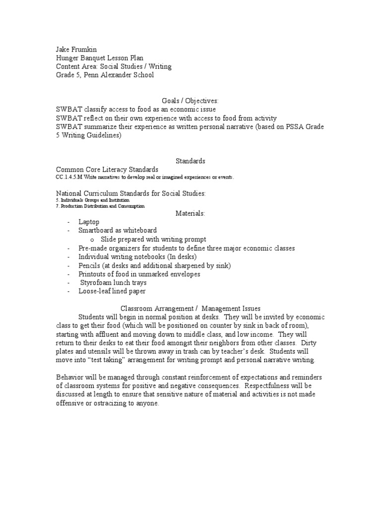 Hunger Banquet Lesson Plan for 5th Grade | PDF | Classroom | Essays
