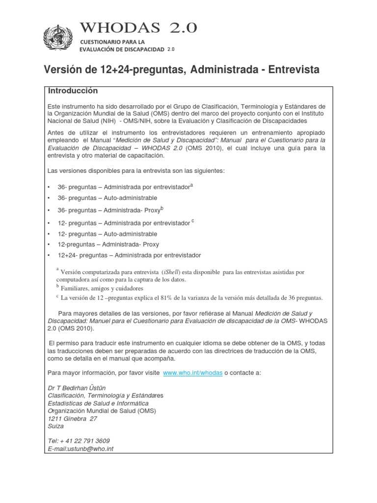 Whodas 2.0 - 12+24 Items Interview - Spanish | PDF | Cuestionario ...